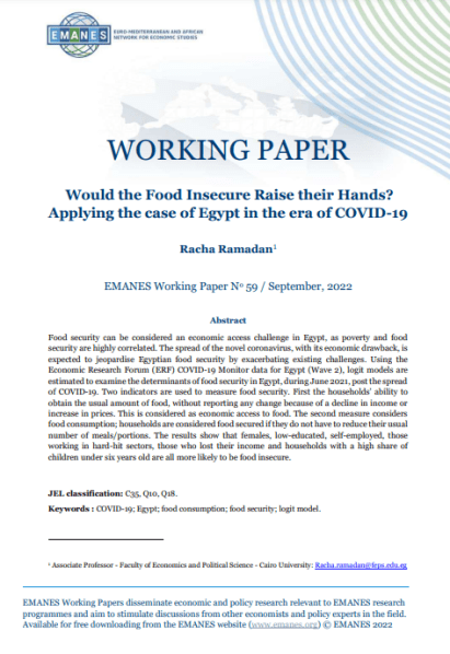 EMANES Working Paper No. 59 discusses food insecurity in Egypt in the ...